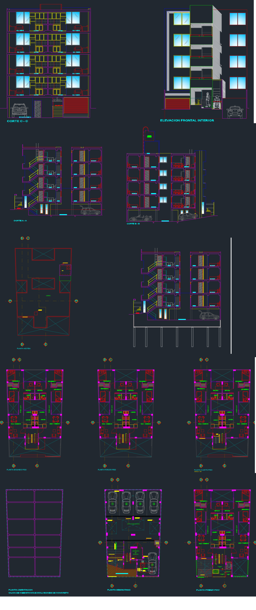 Proyecto Multifamiliar De Cuatro Pisos En DWG (1.17 MB) | Librería CAD
